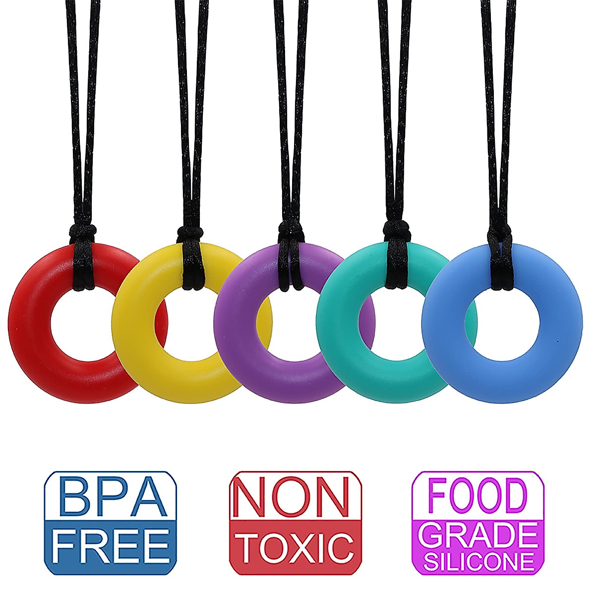 Sensory Chew Necklace for Kids and Adults, 5 Pack Silicone Chewy Toys, Oral Motor Aids Chew Pendant Chewable Toys for Boys and Girls with Autism, ADHD, Reduces Chewing Donut Multicolor