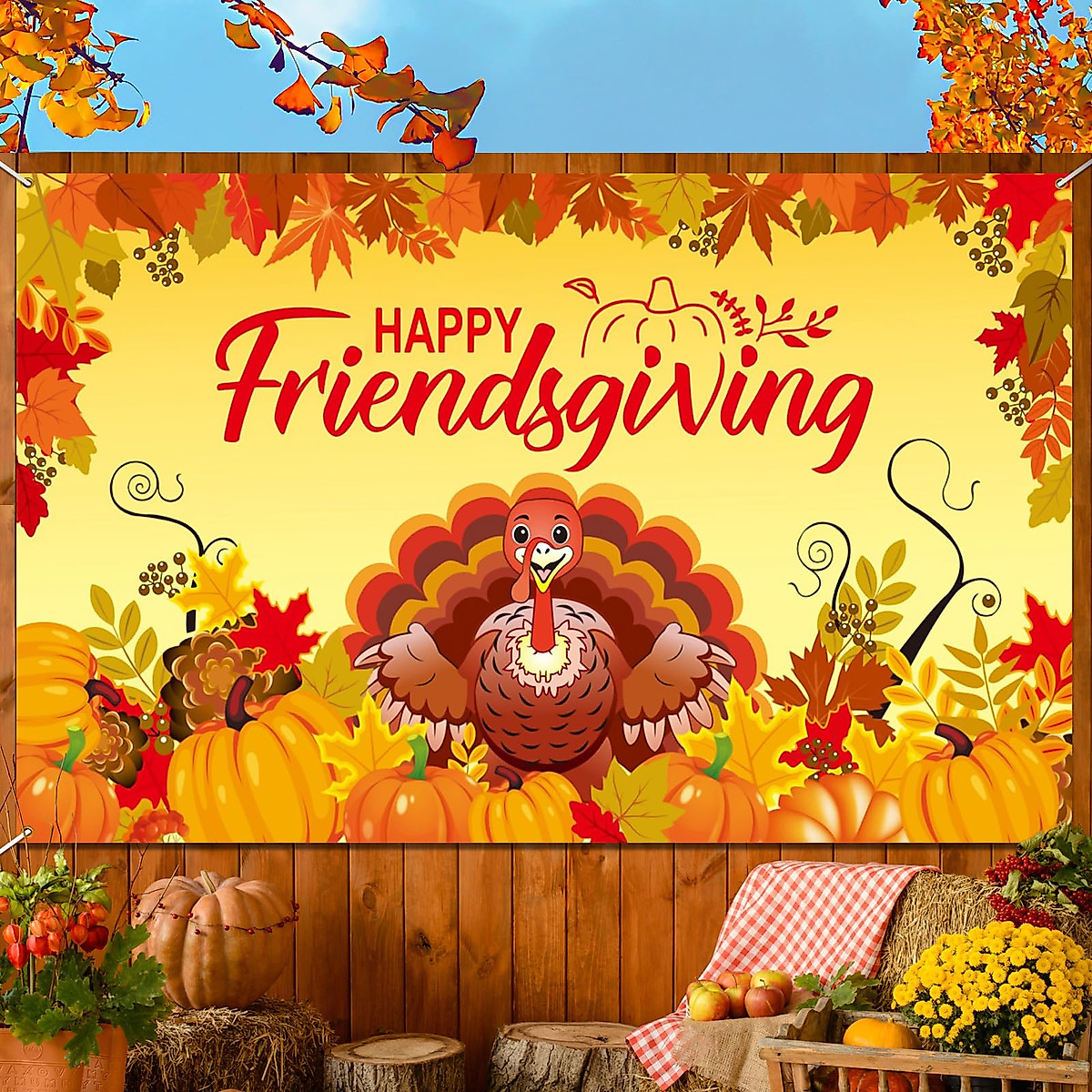 Friendsgiving Banner, Fall Banner, Happy Friendsgiving Wall Backdrop Thanksgiving Holiday Feast Party Supplies Outdoor Photo Background Fall Decorations for Home School