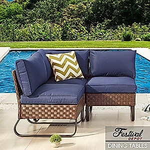Festival Depot Dining Outdoor Patio Bistro Furniture Armless Section Chairs Wicker Rattan Premium Fabric Soft & Deep Cushions with Side U Shaped Slatted Steel Legs for Garden Yard Poolside All-Weather