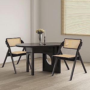 Bekrvio Folding Chair Solid Wood Rattan Chairs Set of 2, Mid-Century Modern Rattan Dining Chairs with Cane Back Handmade for Living Room Bedroom, Garden Balcony, Office, No Assembly Required (Black)