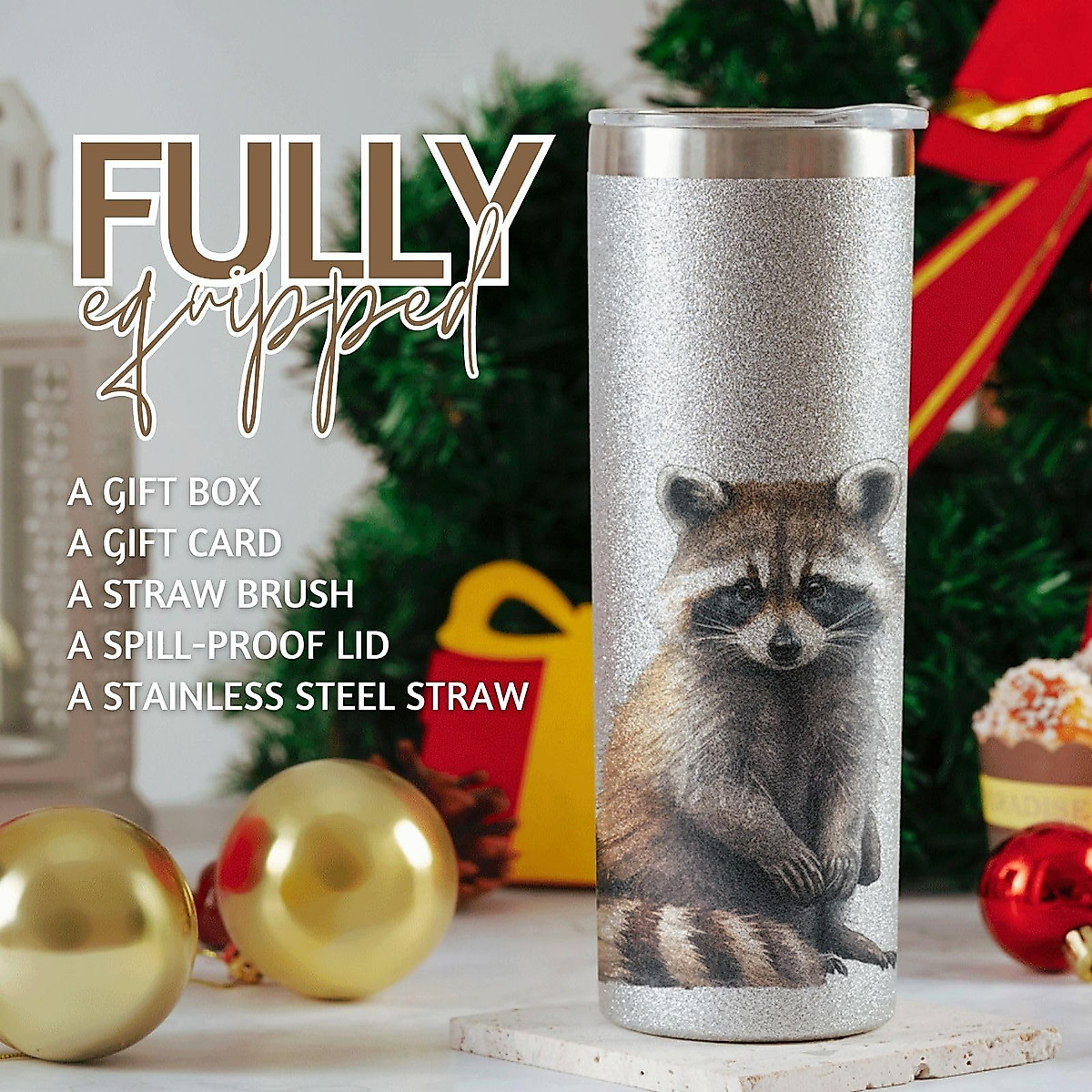 Onebttl Raccoon Gifts for Women, Insulated 20 oz Stainless Steel Skinny Tumbler with Straw, Brush, Lid, and Gifts Box, Glitter Silver