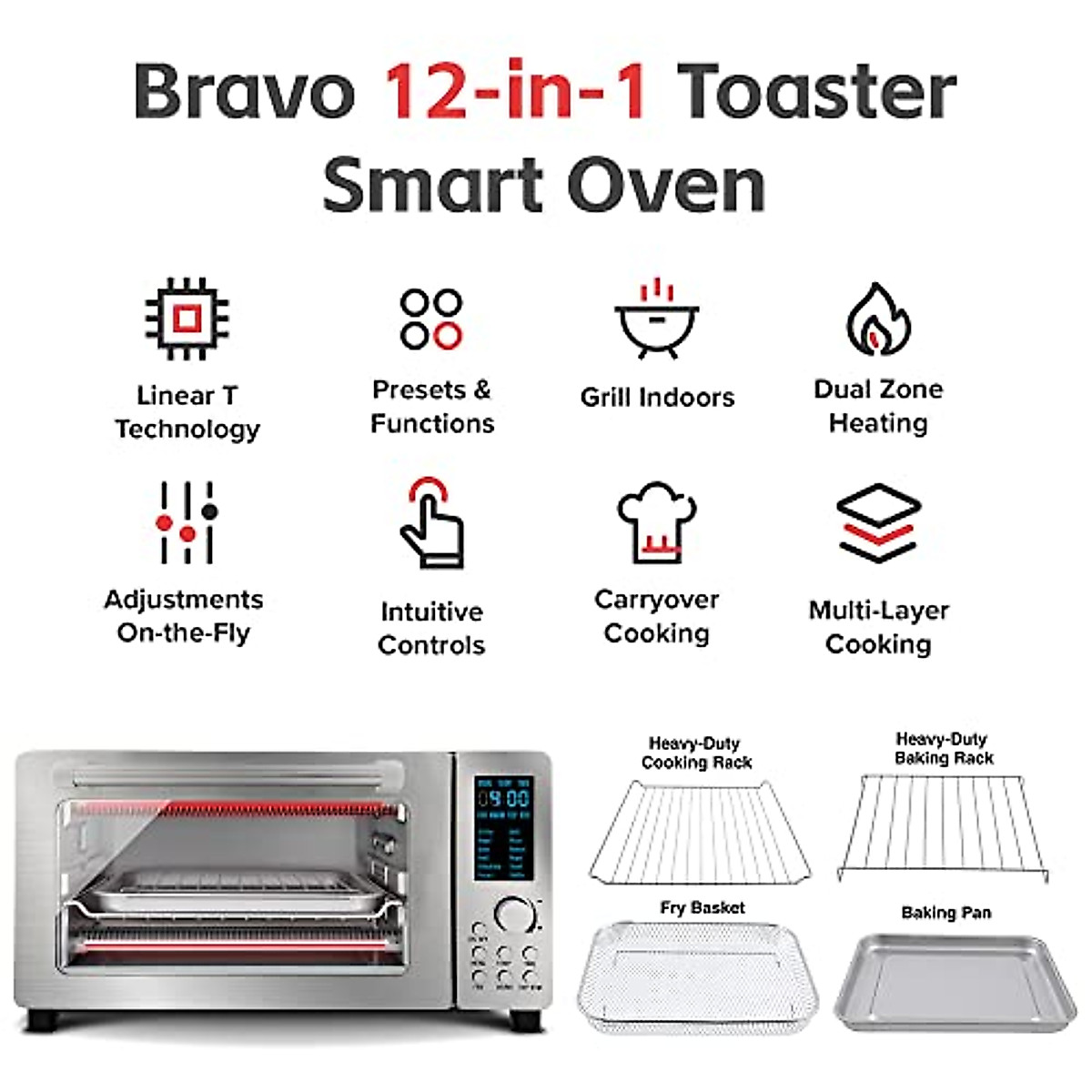 Nuwave Bravo 12-in-1 Digital Toaster Oven, Countertop Convection Oven & Air Fryer Combo, 1800 Watts, 21-Qt Capacity, 50°-450°F Temp Controls, Dual Zone Surround Cooking, Linear T Technology, SS Look