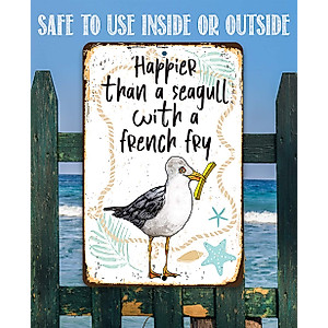 Seagull with French Fry - Great Lake House and Beach House Decor, Coastal Funny Wall Art, Bird Animal Nautical Prints and Gift Idea, 8x12 Indoor or Outdoor Durable Rustic Metal Sign