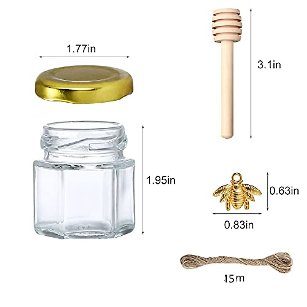 1.5 oz Hexagon Mini Glass Honey Jars -30Pack Honey Jars with Wood Dipper, Gold Lid, Bee Pendants, Jutes - Perfect for Baby Shower, Wedding Favors, Party Favors
