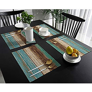 Vandarllin Placemats Set of 6, Retro Rustic Wood Texture Polyester Stain Resistant Table Mats Washable Placemat Decoration for Kitchen Dining Table Teal Green Brown