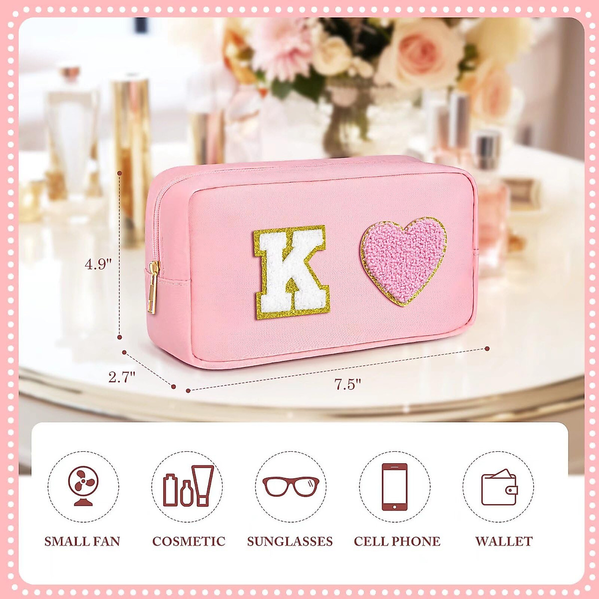 TOPEAST A-Z Personalized Makeup Bag, Chenille Letters Cosmetic Toiletry Bag | Nylon Cosmetic Pouch Bag | Portable Waterproof Travel Organizer Initial Preppy Makeup Pouch Teen Girl Gifts, Letter C