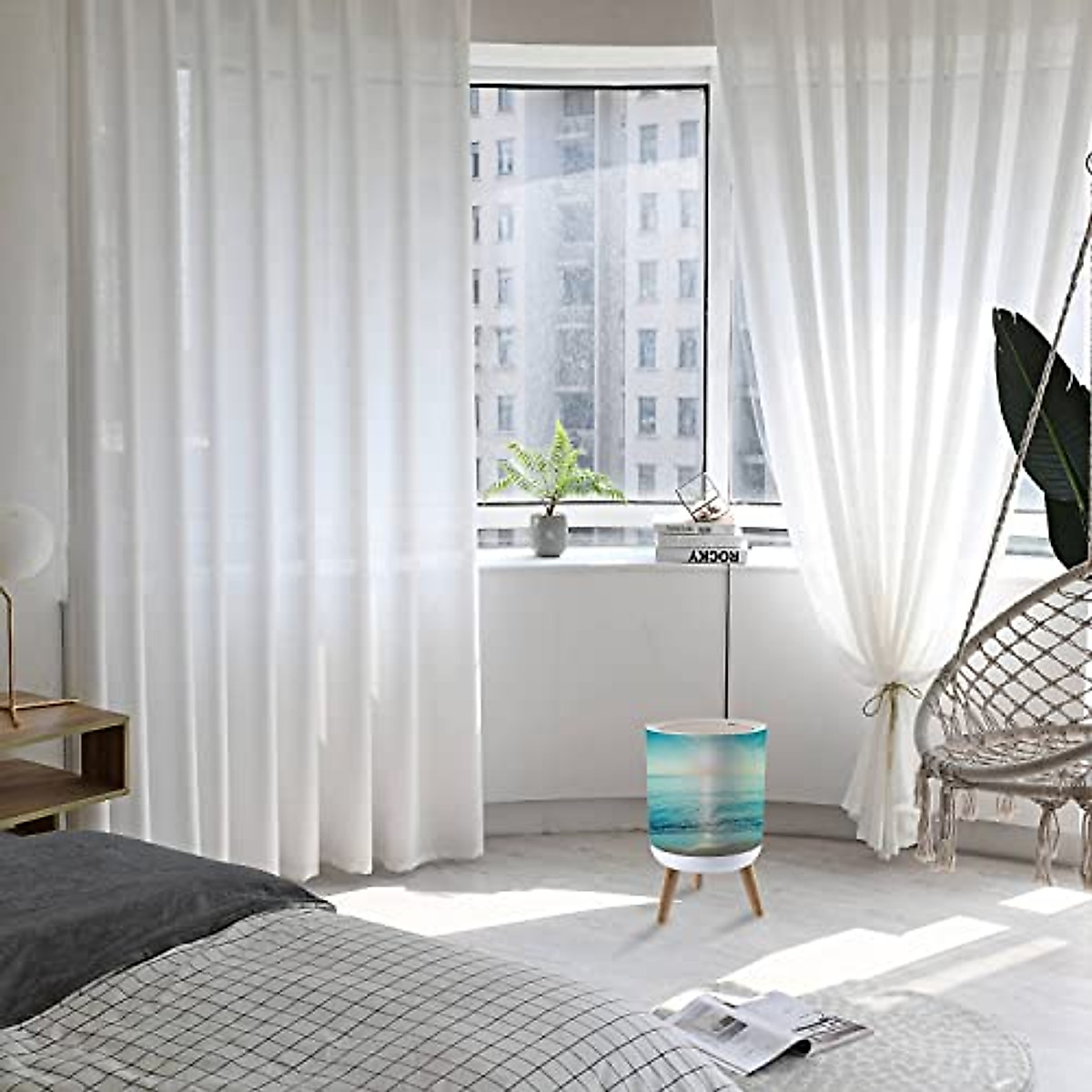 IBPNKFAZ89 Small Trash Can with Lid Beautiful Silhouette Sunset at Tropical sea Garbage Bin Wood Waste Bin Press Cover Round Wastebasket for Bathroom Bedroom Kitchen 7L/1.8 Gallon