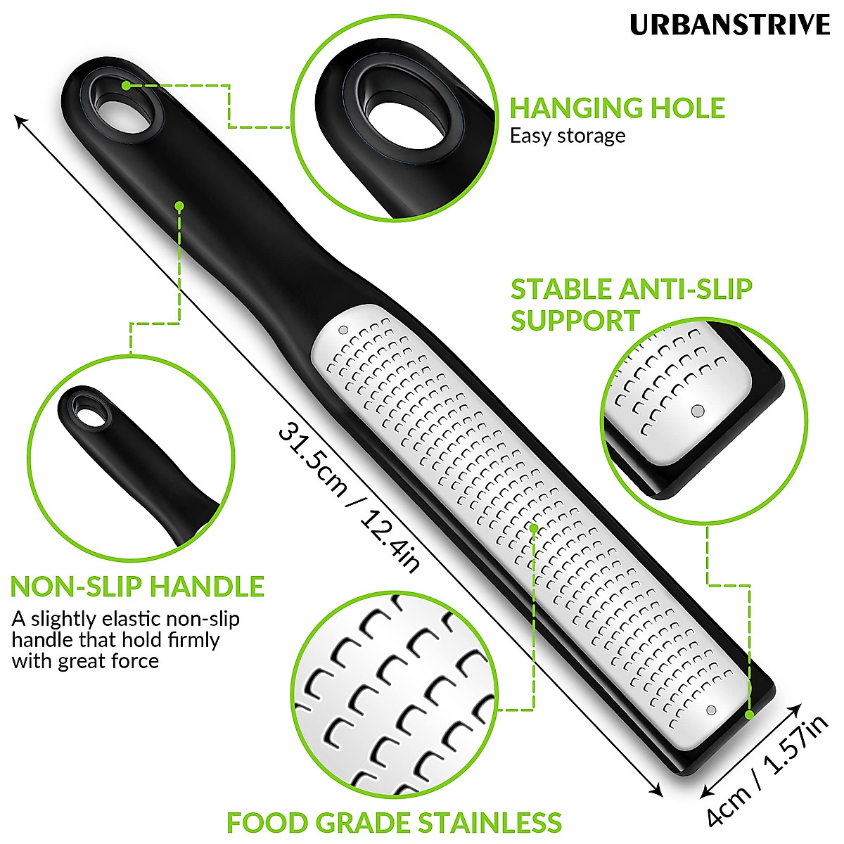Urbanstrive Cheese Grater With Handle, Lemon Zester Graters for Kitchen Stainless Steel, Hand Grater for Ginger Garlic Nutmeg Chocolate Fruits Vegetables, Sharp, Non-Slip Handle & Foot, Black