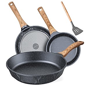 ITSMILLERS Non-stick 3 Pcs Die-cast Deep Frying Pan Set Skillet Set Egg Omelette Pan, Induction Bottom with Silicone Spatula, PFOA Free
