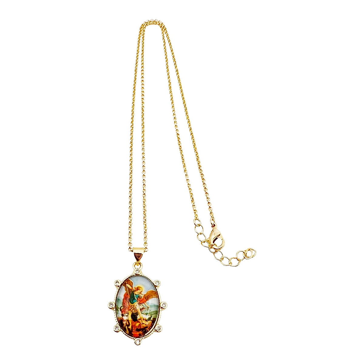 LESLIE BOULES St Michael The Archangel Pendant Necklace 18K Gold Plated Chain 18 Inches Length