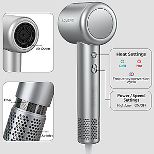 LOVEPS Hair Dryer with Diffuser, 110000 RPM Brushless Motor Ionic Blow Dryer, Portable Quiet Electric Hair Dryers Low Noise, Magnetic Nozzle, Fast Drying for Travel, Salon, Women Gifts - Silver