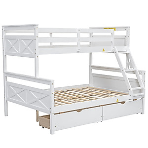 Merax Twin Over Full Bunk Bed, Kids Bedroom White Wooden Bunk Bed Frame, Convertible to 2 Separated Beds with 2 Big Drawers, Ladder & Guardrail for Teens, Wood Slat Support, Easy Assembly, White