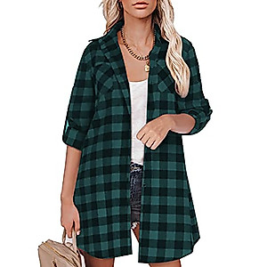 HOTOUCH Boyfriend Style Shirts Oversized Flannel Long Plaid Tops Tunics Green-Black Large