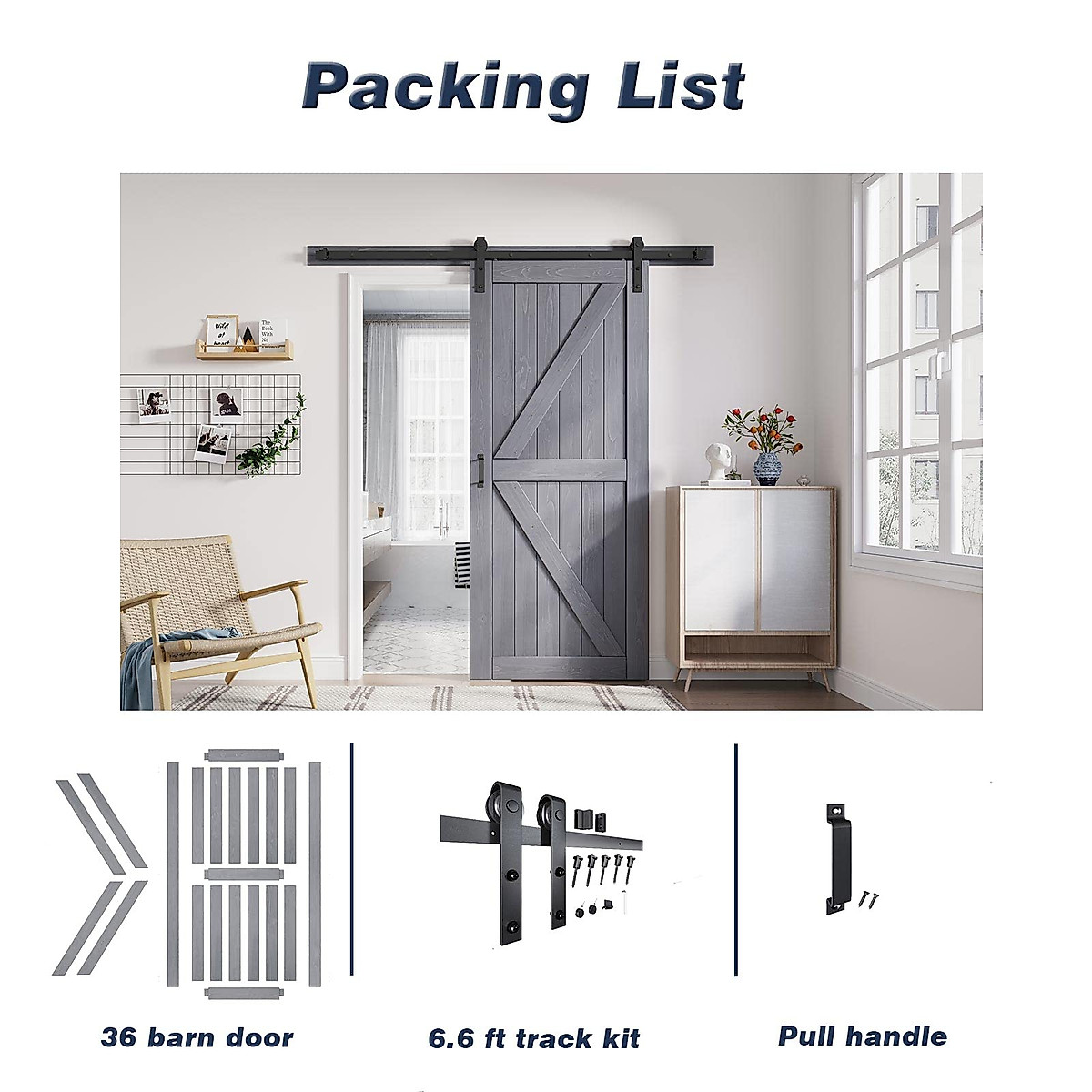 FREDBECK 36in x 84in Gray Barn Door Slab with 6.6ft (79inch) Barn Door Hardware Track Kit and Handle Floor Guide Included, Double Surfaces,Simple Assembly is Required,K-Frame,Grey
