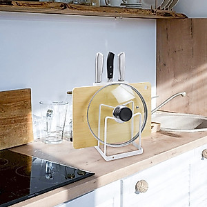 Qflushor Knife Block Holder, Pot Lid Organizer, Cutting Board Organizer, Cookware Bakeware Organizer for Kitchen Countertop, Cabinet, Pantry, Metal, White