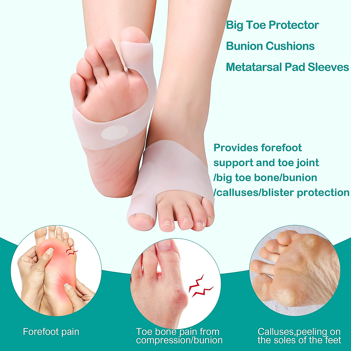 DYKOOK Gel Metatarsal Sleeves and Bunion Cushions 2Pack Thickened Metatarsal Silicone Pad Protector Bunion Pad Sleeve for Bunion Forefoot Pain Relieved and Friction Prevented