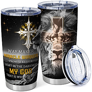 Equoza Christian Tumbler Gifts for Men, Christian Faith Tumbler Set with Straw, 20 oz Stainless Steel Travel Mug, Lion Cross Design（Pack of 1）