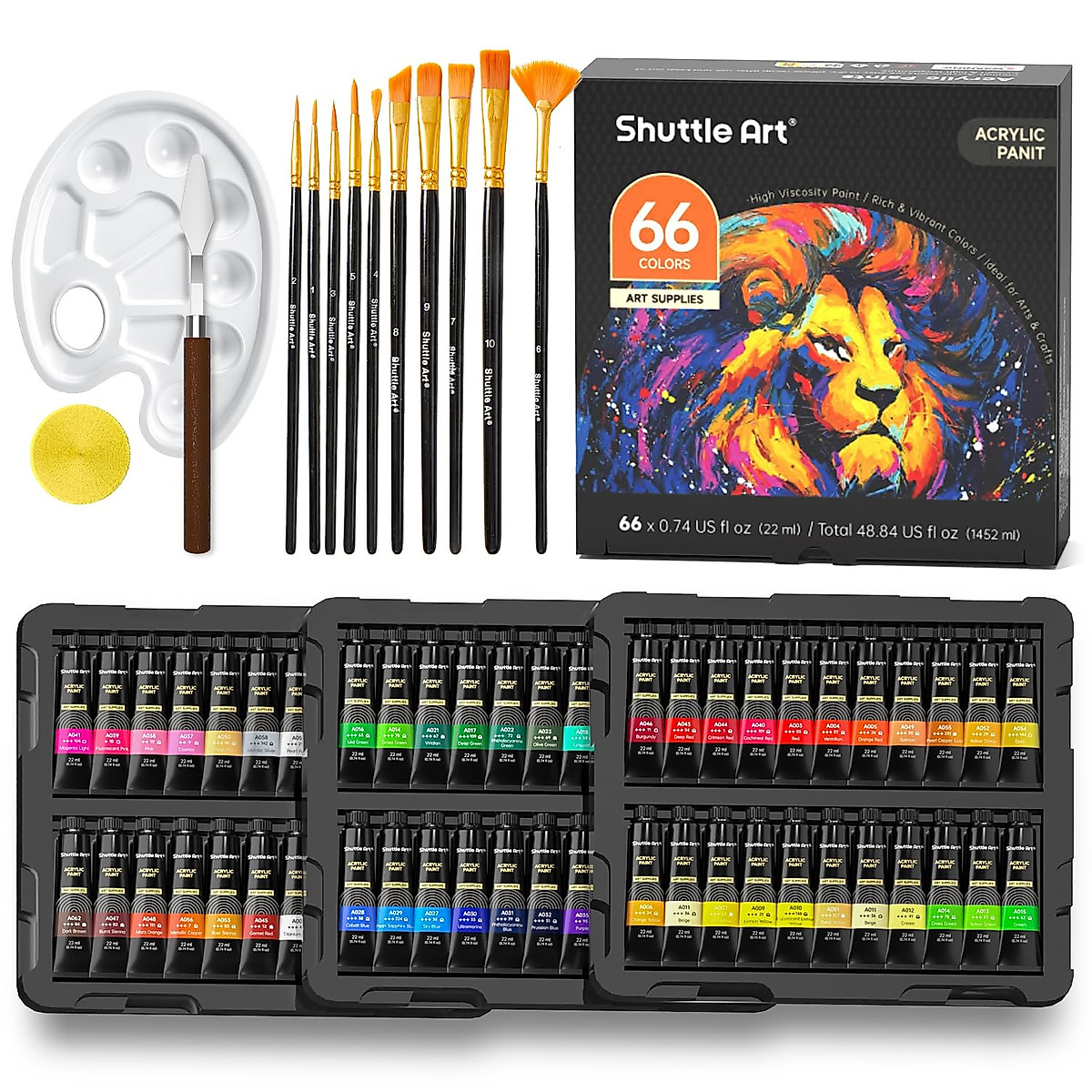 82 Pack Acrylic Paint Set, Shuttle Art 66 Colors Acrylic Paint with 10 Brushes, 22ml/0.74oz Tubes, Vibrant Colors, Artist Painting Supplies for Kids, Adults Painting & Crafting on Canvas, Wood Ceramic