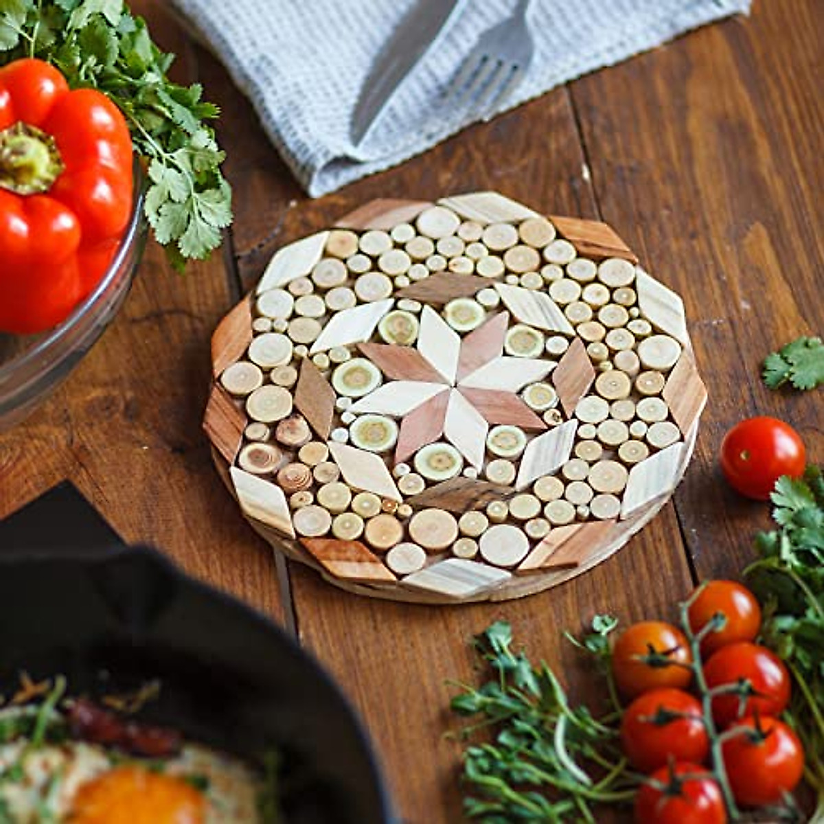 Wooden Trivet for Hot Dishes - Natural Handmade Wood Trivet Mat - Sturdy and Durable 7.8'' Kitchen Hot Pads - Wooden Trivet Frame for Hot Pots and Pans - Perfect Kitchen Gifts Idea