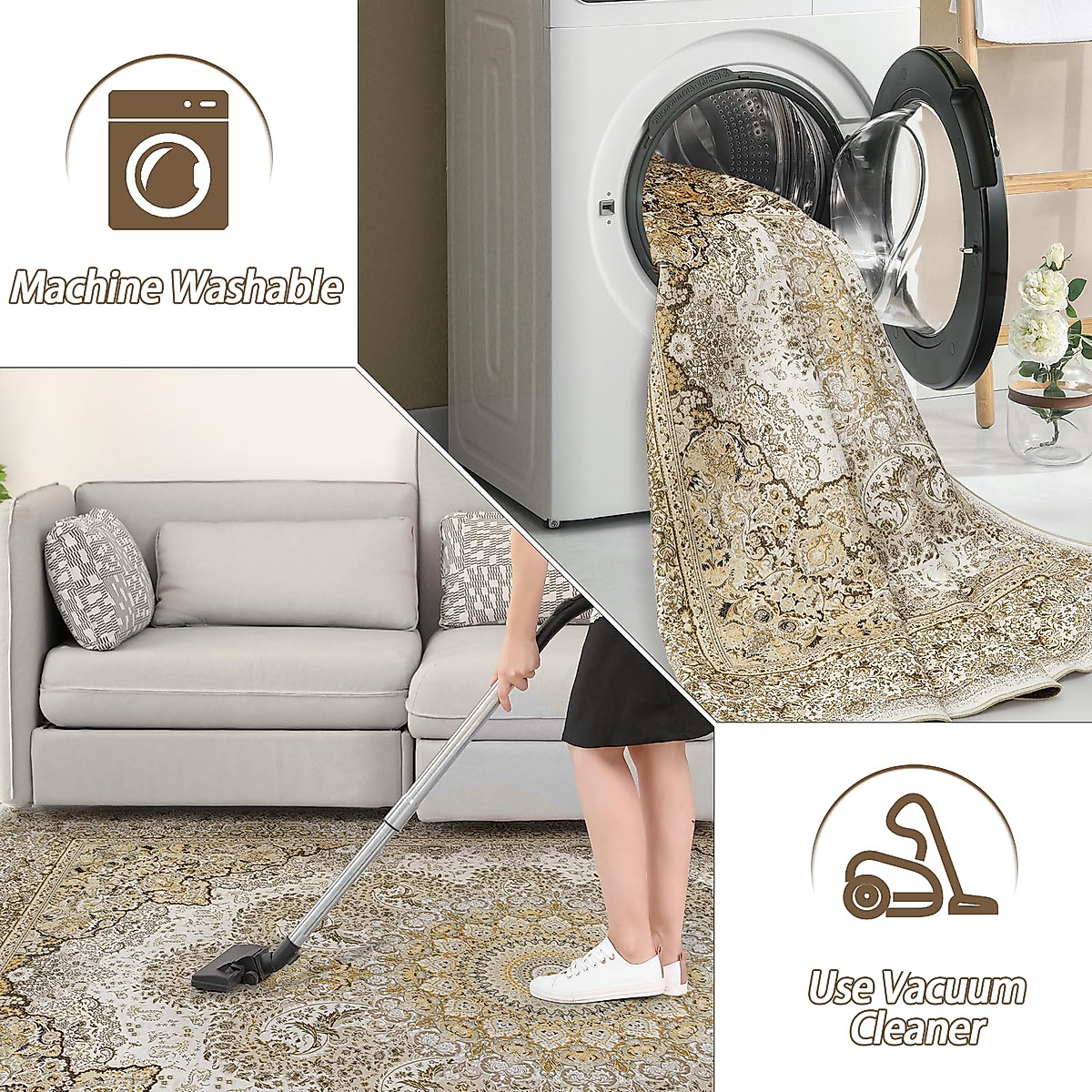 9x12 Area Rug for Living Room: Large Rugs Machine Washable with Non-Slip Backing Non-Shedding Stain Resistant, Boho Carpet for Bedroom Dining Room Nursery Home Office Indoor Decor (Beige)…