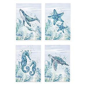 QODUNG Watercolor Ocean Hand Towel 16x24 Inch Set of 4,Blue Marine Life Sea Creatures Decorative Drying Cloth Hand Towels Tea Towels for Kitchen