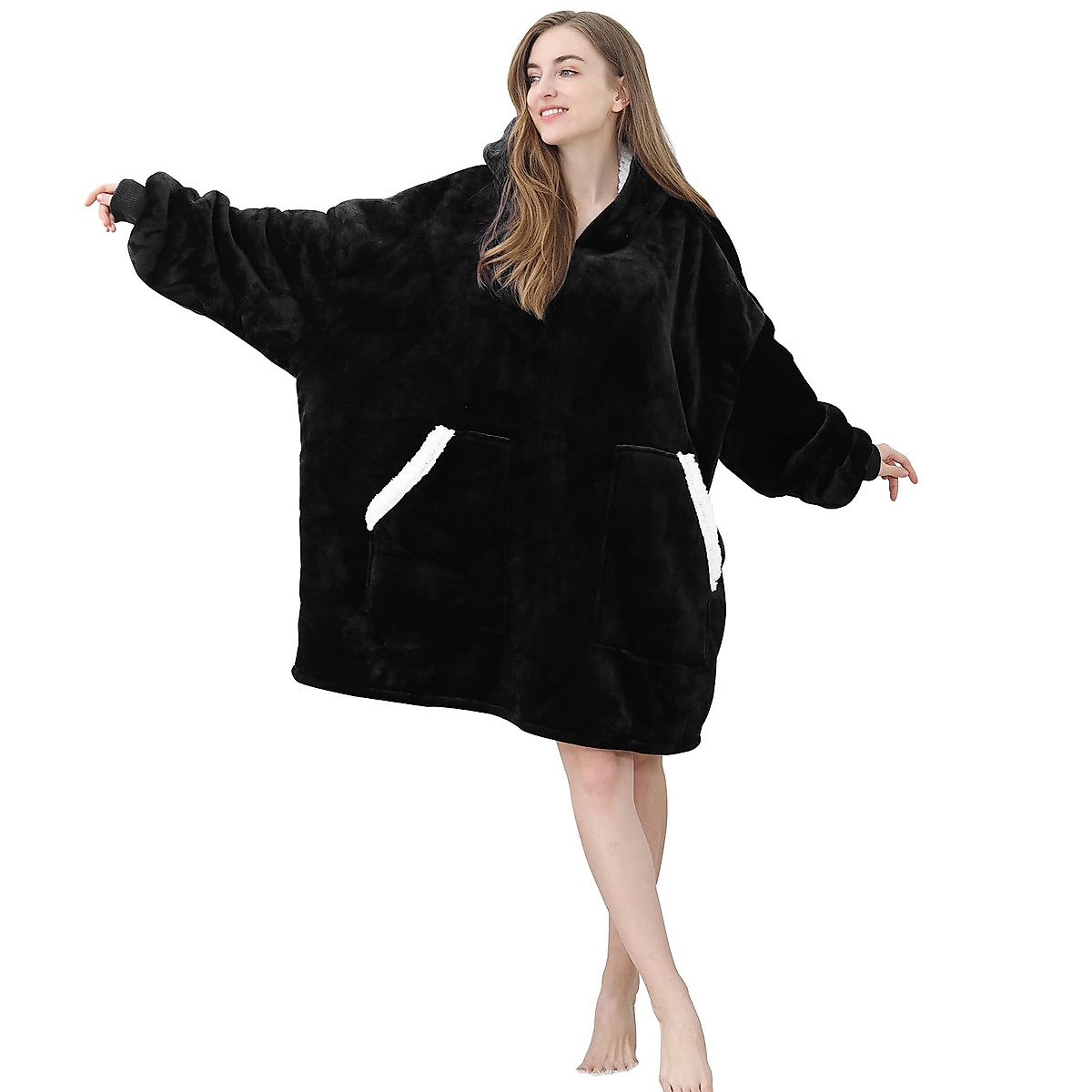Kipswiza Oversized Sherpa Blanket Hoodie for Adult Women Men Teen - Thick Warm Wearable Hooded Sweatshirt Blanket Black