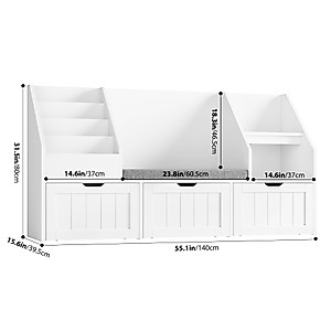 FOTOSOK 55.1’’ Kids Bookshelf with Reading Nook, Toy Storage Organizer with Seat Cushion and 3 Movable Drawers, Kids Reading Nook Toy Organizers and Storage with Bench for Playroom, Bedroom, White