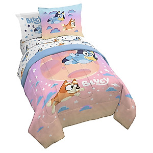 Bluey & Bingo Twin Comforter Set - 5 Piece Bed Set Includes Sheet Set & Pillow Covers - Super Soft Clouds & Stars Kids Bedding