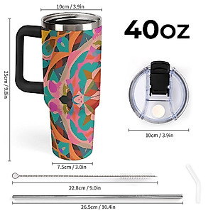 YTLKGFP 40 Oz Large Capacity Car Cup Colorful Bohemian Patterns Tumbler with Handle (Black) Straw Lid Insulated Stainless Steel Water Bottle Travel Mug Leak-proof Car Cup Keeps Cold Or Hot