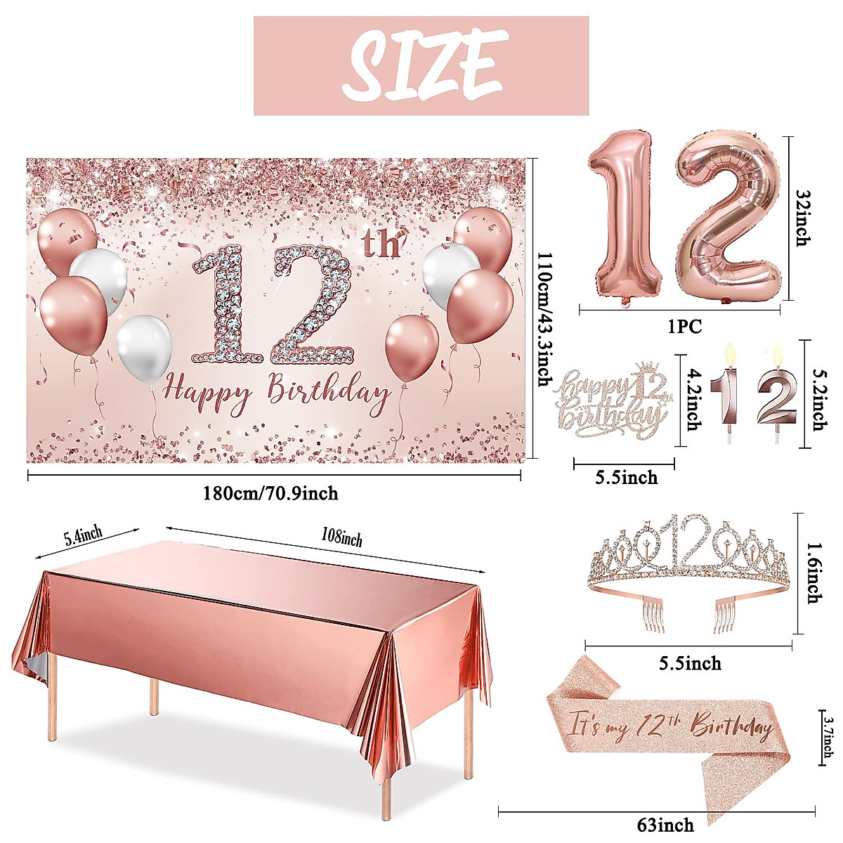 Trgowaul 12th Birthday Decorations Party Set for girls, Rose Gold 12 Birthday Banner and Tablecloth, 12& Fabulous Sash and Tiara, 1PC Happy 12th Birthday Cake Topper, Pink Gold 12 Number Balloons