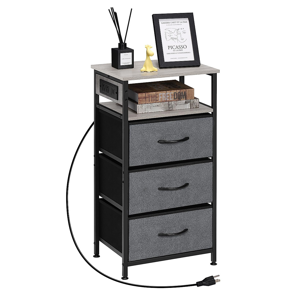 LIANTRAL Nightstand with Charging Station, Dresser with 3 Fabric Chest of Drawers, Dresser Storage for Bedroom, Hallway, Closet, Living Room, Dorm(Grey)