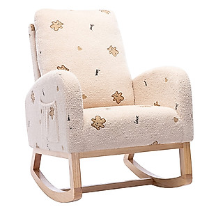 Pvillez Nursery Rocking Chairs, Upholstered Nursery Glider Rocker for Baby and Kids, Comfy Armchair with Side Pocket, Living Room Lounge Arm Chair Sofa Chair, High Backrest with Cute Pattern, Beige