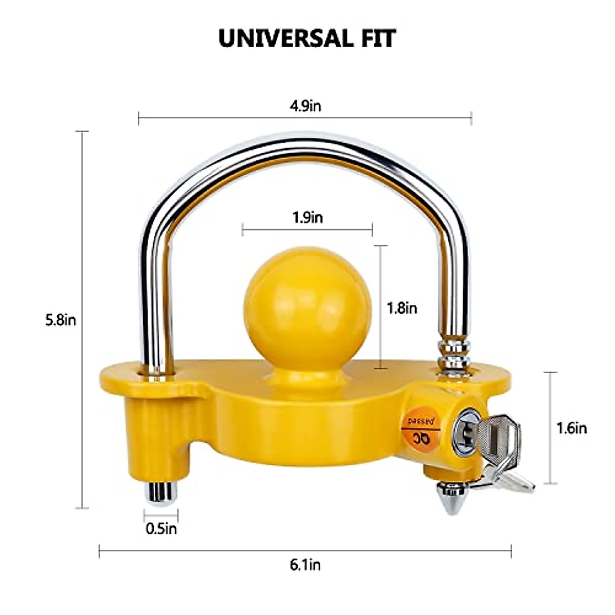 Cenipar Universal Trailer Hitch Security Adjustable Lock Tow Ball Coupler,Heavy-Duty Steel Fits 1-7/8”,2”,2-5/16” Couples (Yellow)