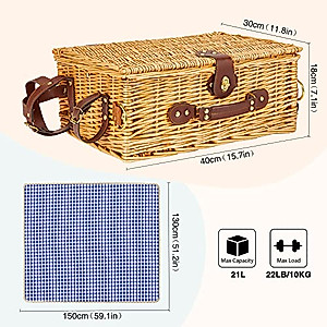 Greenstell Wicker Picnic Basket Sets for 2 Persons with High Sealing Insulation Layer,Waterproof Picnic Mat, Removable Strap and Wine Bag, Tableware, Picnic Basket for Family,Party,Outdoor,Camping