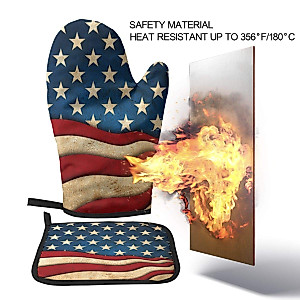 VunKo Retro American Flag Oven Mitts and Pot Holders Sets Heat Resistant Kitchen Oven Gloves Non-Slip for Safe BBQ Cooking Baking Grilling Set of 2