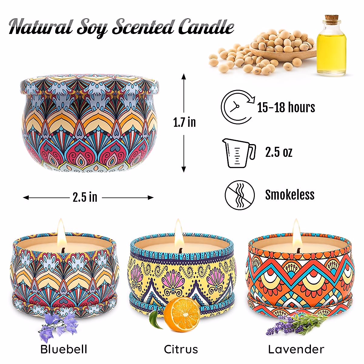 3 Packs Scented Candles Set, Soy Wax Stress Relief Aromatherapy Candles, Relaxation Gift Baskets for Women, Great Gift Ideal for Thanksgiving Christmas House Warming and Birthday