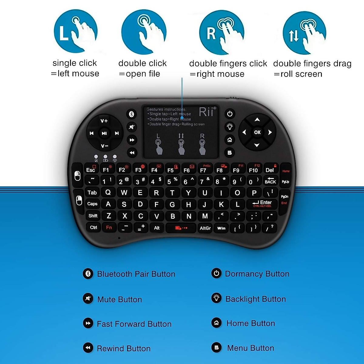 Rii Mini Wireless Bluetooth Keyboard with Touchpad, Support Bluetooth +(RF) 2.4GHz Wireless Connection for Smartphones, PC, Tablet, Laptop TV Box iOS Android Windows Mac.Black