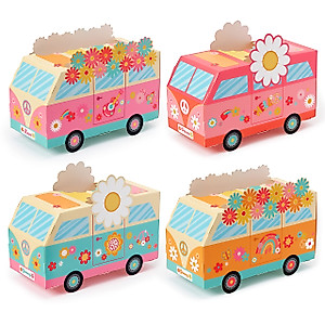 ANGOLIO 12Pcs Groovy Party Favor Boxes Groovy Hippie Peace Bus Centerpiece Birthday Party Decorations Peace Signs Daisies Rainbows For Baby Girls Kids Boho Hippie Birthday Party Supplies