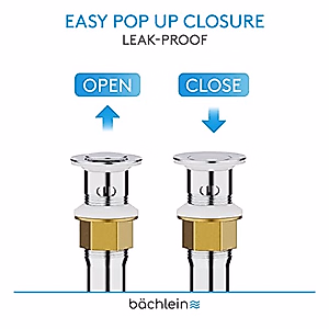 Bächlein Bathroom Sink Drain with Overflow - Chrome Pop Up Drain incl. 3 Extra Seals - German Brand