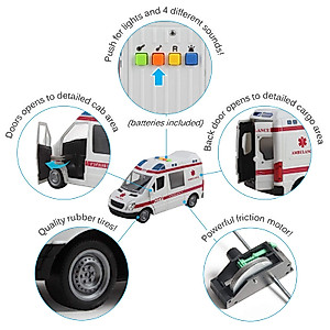 Vokodo Rescue Ambulance Friction Powered 1:16 Scale with Lights and Sounds Kids Medical Transport Emergency Vehicle Push and Go Durable Toy Car Pretend Play Van Great Gift for Children Boys Girls