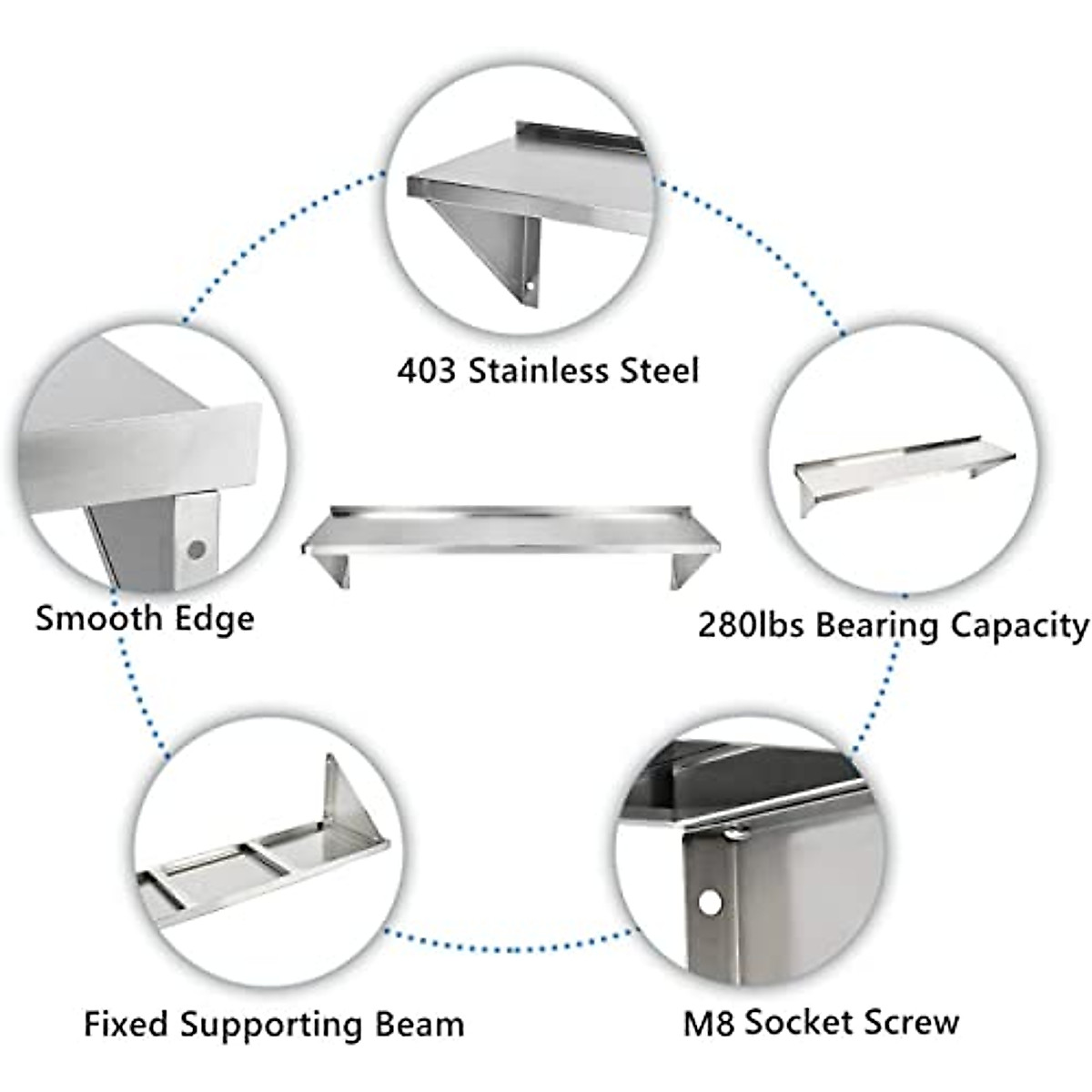 MYOYA Stainless Steel Shelf 12" x 48" 280lbs Heavy Duty Metal Shelves NSF Commercial Wall Mounted Floating Shelving with Backsplash and Brackets for Kitchen Restaurant Bar Hotel and Garage