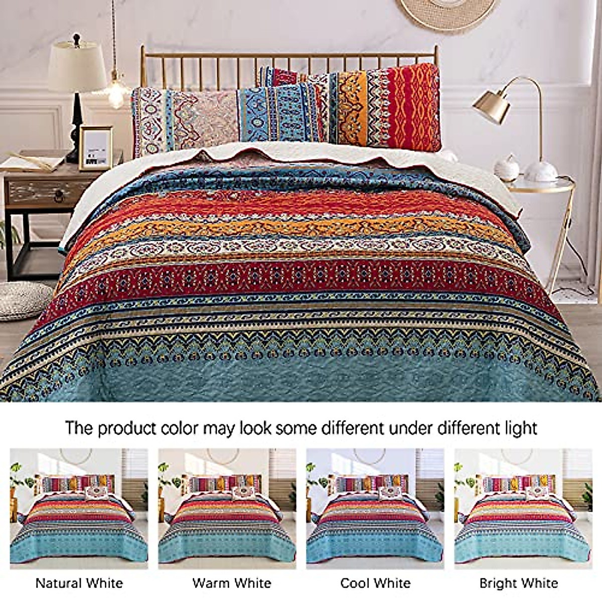 WONGS BEDDING Bohemian Quilt Set and Comforter Set Queen, Boho Striped Pattern Printed Quilt Coverlet for All Season, Soft Microfiber Boho Bedspread Set 90"x96"(3 Pieces, Queen)