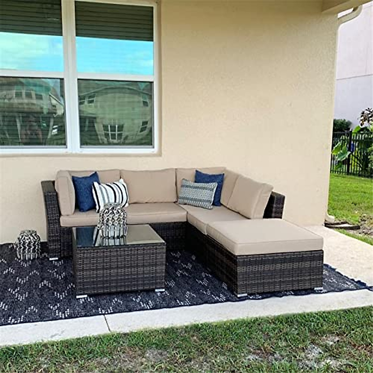 SUNCROWN 4-Piece Patio Furniture Set 83" x 81" Outdoor Sectional Sofa, 5 Seats Rattan Wicker Conversation Sets with Ottoman, Glass Coffee Table and Washable Cushions - Beige