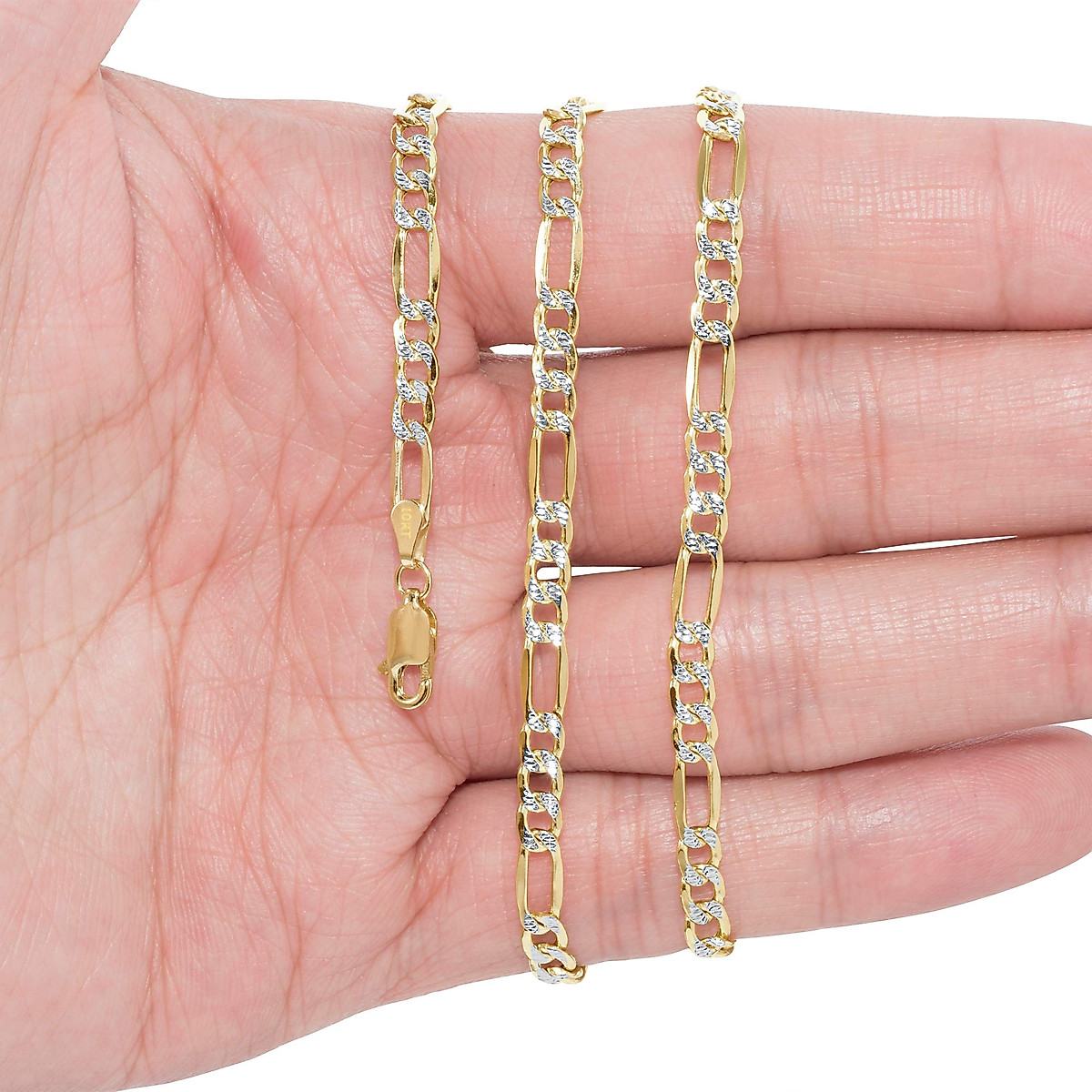 Nuragold 10k Yellow Gold Solid 5mm Figaro Chain Link Diamond Cut Pave Two Tone Bracelet, Mens Womens Jewelry 7" 7.5" 8" 8.5" 9"