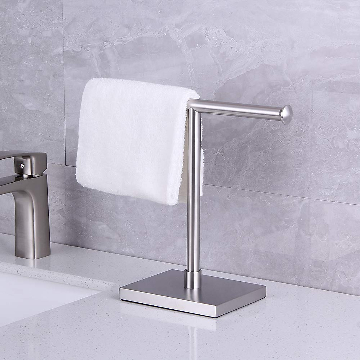 kimzcn Modern Hand Towel Stand for Bathroom, Kitchen or Vanity, Free Standing Countertop Rack with Balanced Base, Perfect Hand Towel Holder Brushed Finish