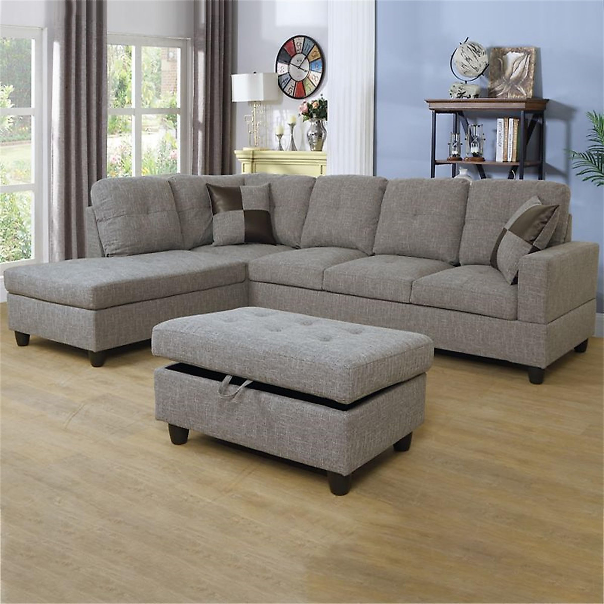 NOTOP 3-Piece Linen Leather L-Shaped Sectional Sofas, Button Tufted Upholstered Couch Set with Left Chaise Longue and Storage Ottoman, for Living Room, Home, Office, Grey