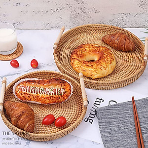 DECRAFTS Rattan Round Serving Tray Wicker Woven Bread Basket with Handles for Cracker Dinner Parties Coffee Table Breakfast (Natural 12.6 inches)