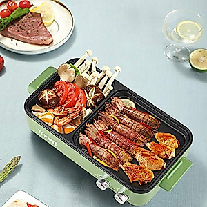 Topwit Shabu Shabu Pot with Grill, 2 in 1 Indoor Non-Stick Shabu Shabu Pot and Griddle for Korean BBQ, Steaks, Ramen and Noodles, Independent Dual Temperature Control, Fast Heating, Green