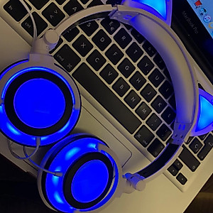 Olyre Wired Headphones with Microphone for Kids/Girls/Boys/Women,On-Ears Adjustable Stereo Foldable LED Cat Kitty Gift Headset Compatible with Computer Tablet PC iPad Smartphone(White)