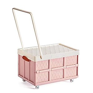 Radefasun Foldable Storage Bins with Lids Plastic Collapsible Storage Box Portable Stackable Grocery Toys Books Container Folding Latching Storage Crate with Removable Pulley and Pull Rod (Pink, L)